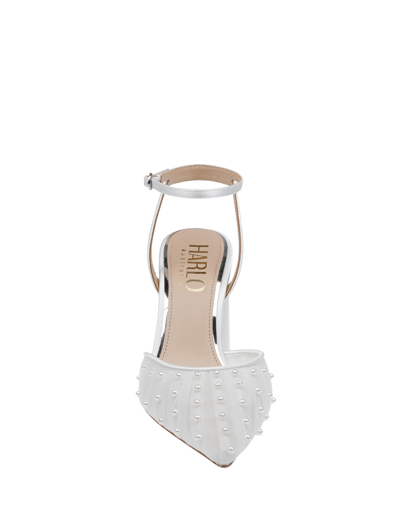 Elle - White Tulle Block Heeled Point with Handsewn Pearls